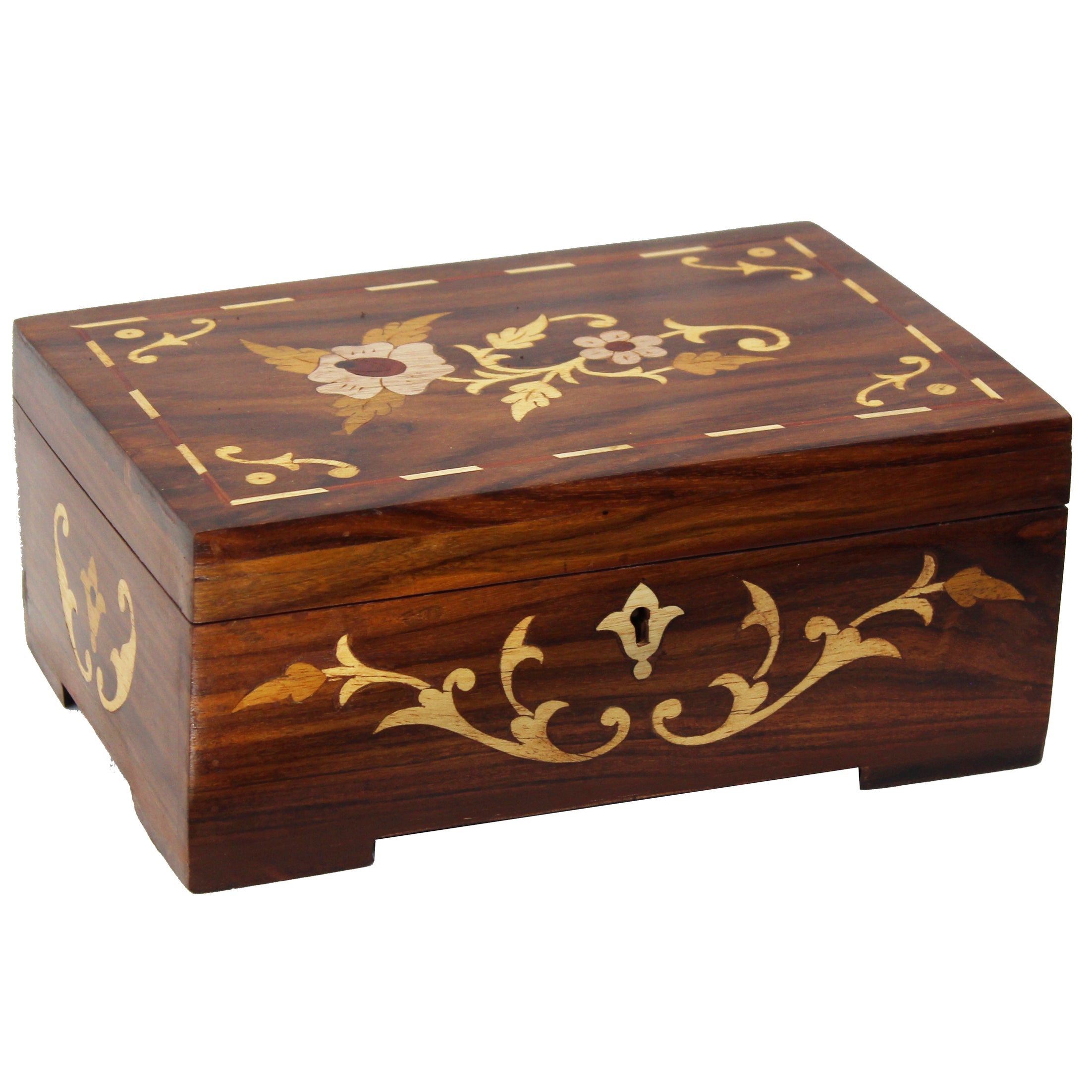 Natural Geo Handmade Rosewood Floral Wooden Decorative Box with Key ...