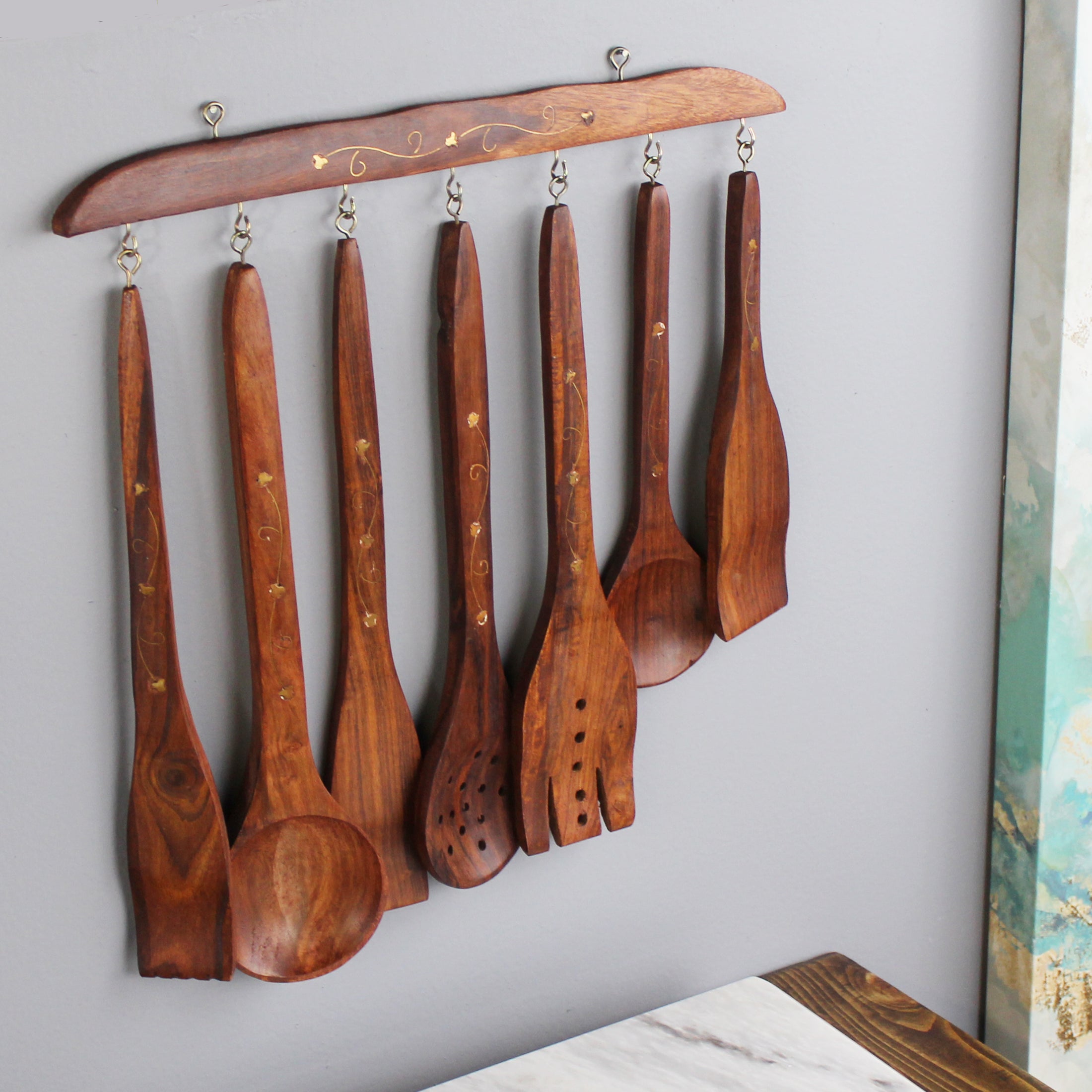 Natural Geo Handcarved Decorative Wooden Kitchen Spoon Set – Natural ...
