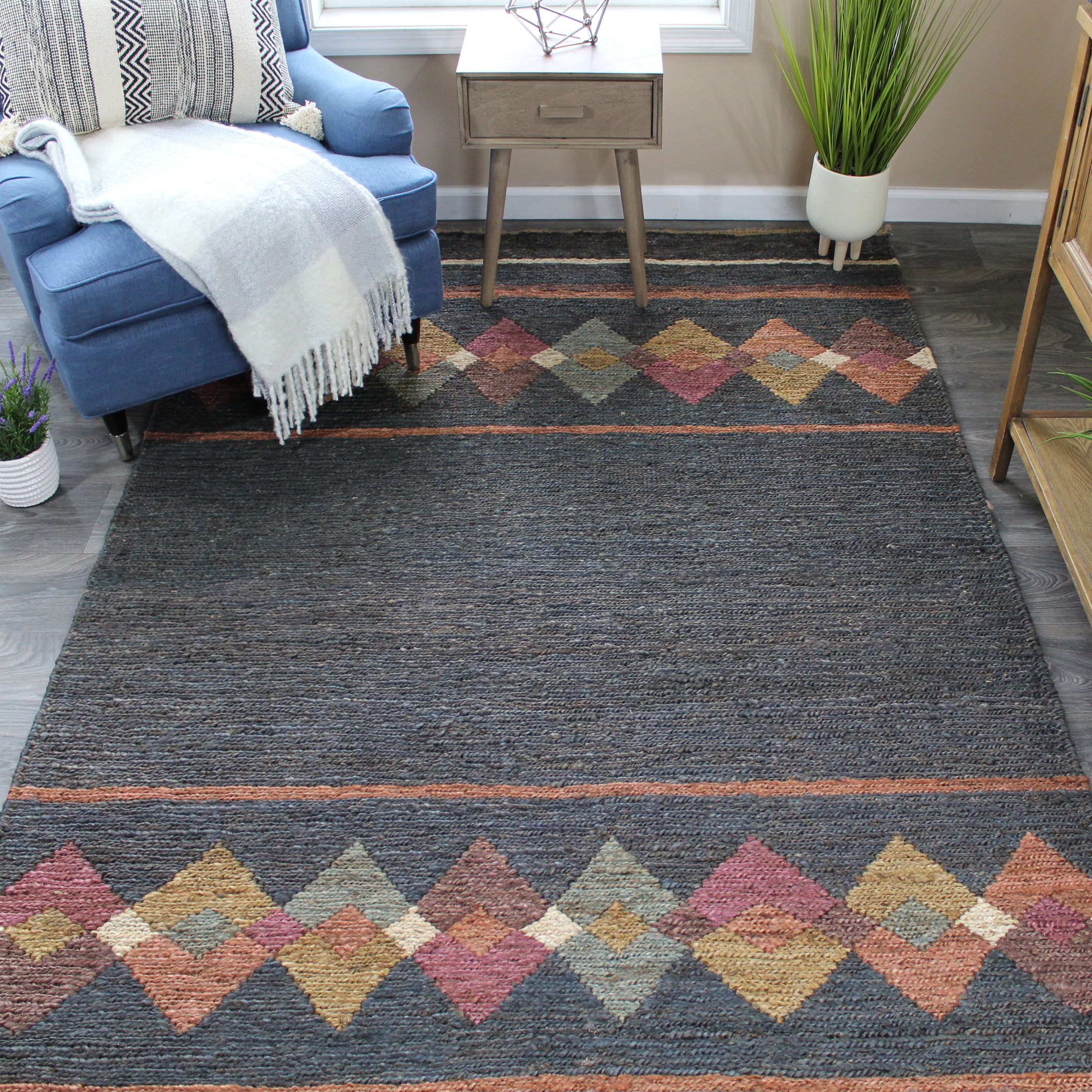 Natural Geo Spontaneous Jute Handwoven Charcoal/Multi Abstract Area Ru ...